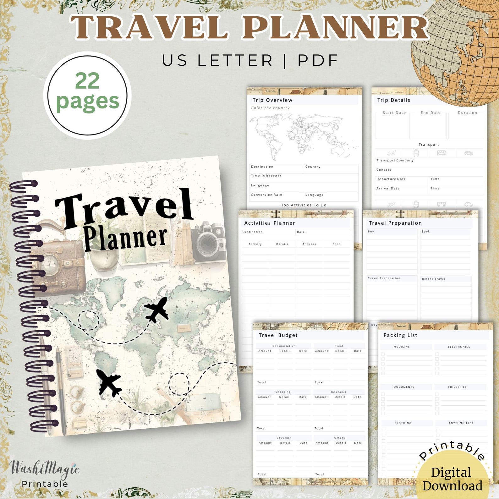 Vintage Map Travel Planner Printable: Solo Trip Itinerary, Vacation ...