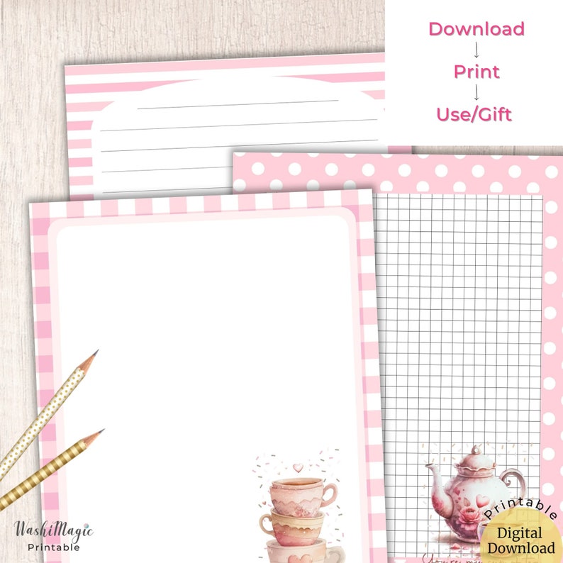 Lovely Pink Feminine Design Printable Stationery Paper Set, Lined ...