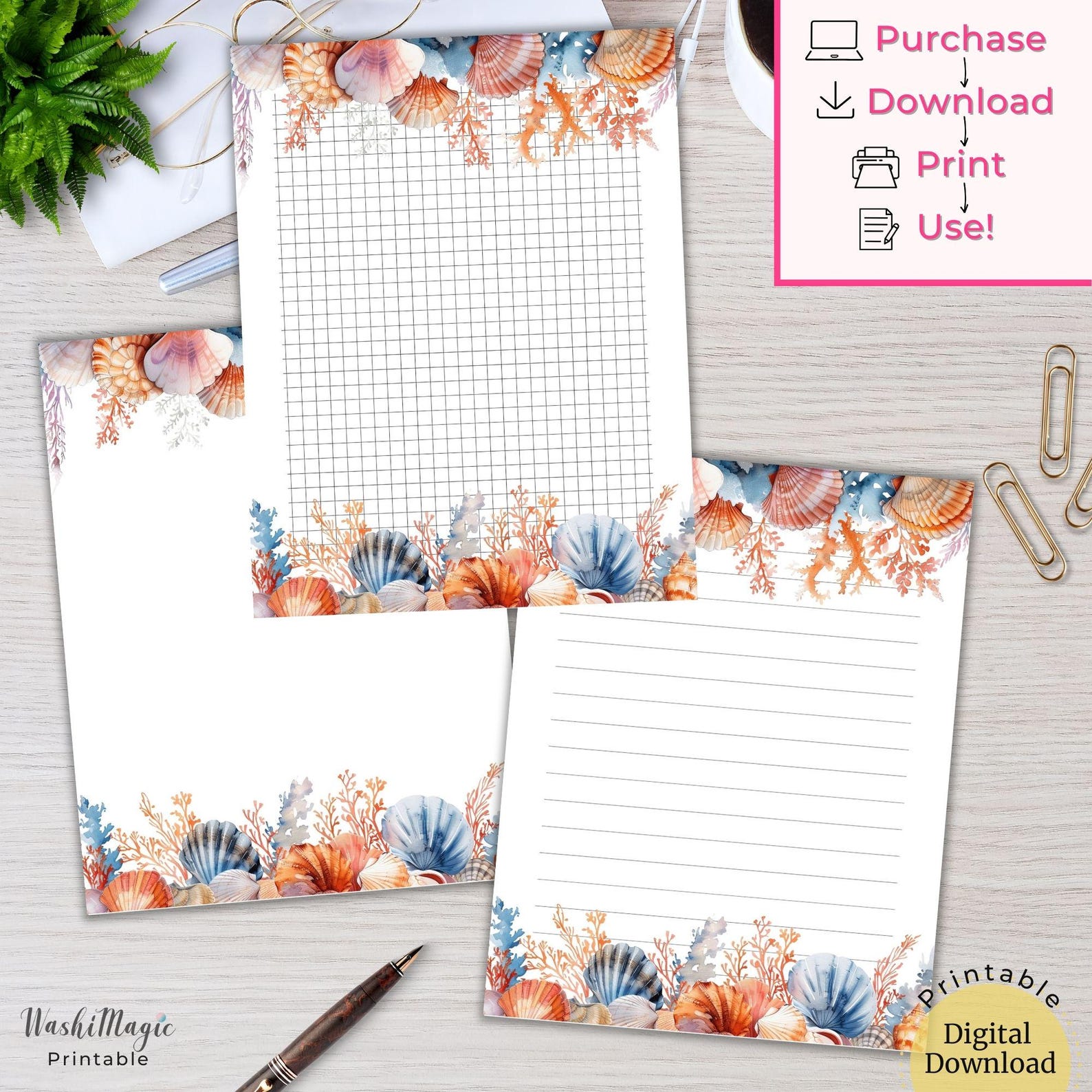 Printable Seashell Stationery Paper Set, Grid Paper, Lined Paper ...