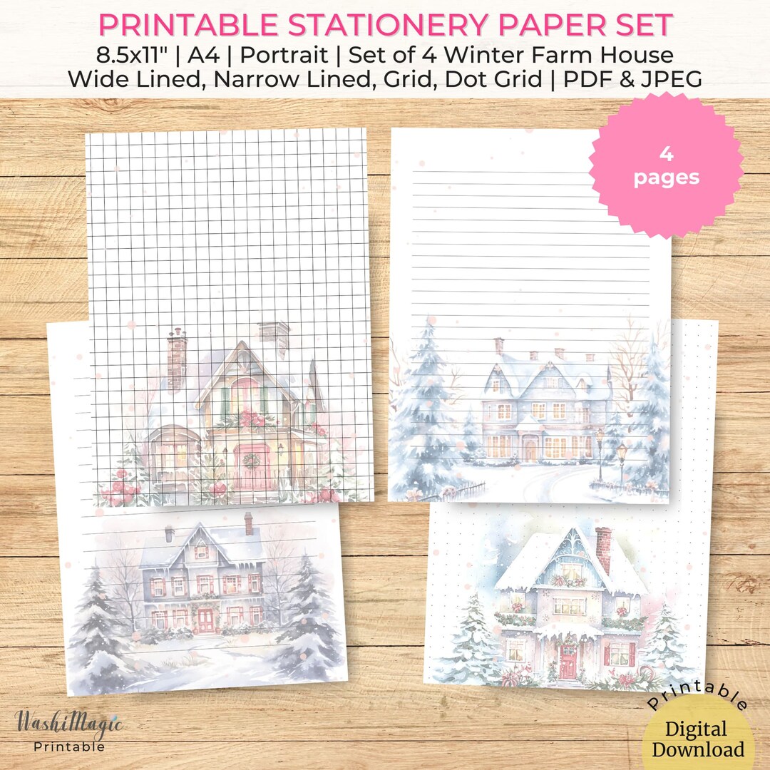 Winter Farm House Notebook Paper, Printable Christmas Stationary Set of ...