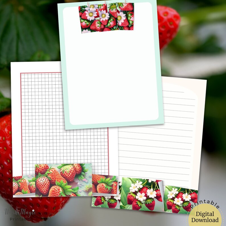 Strawberry Plant Stationery Paper Printable Set of 3, Unique Journal ...
