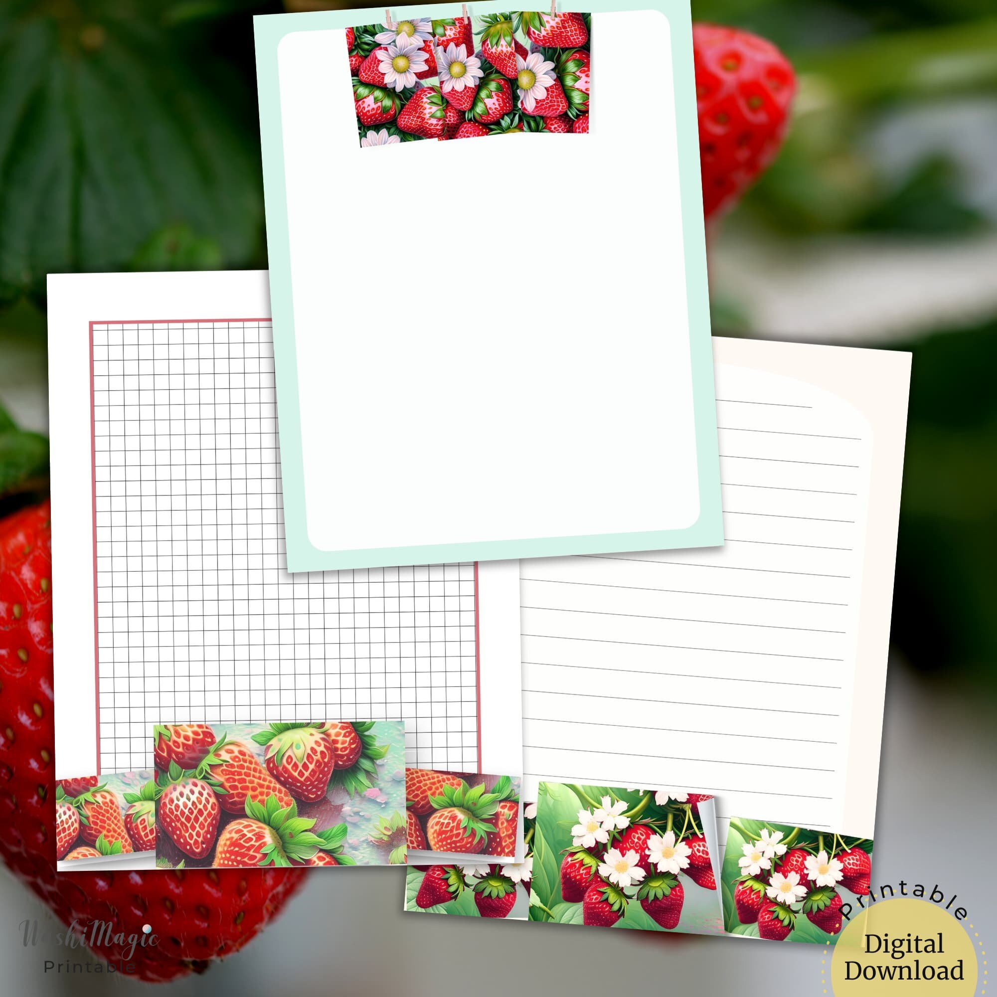Strawberry Plant Stationery Paper Printable Set of 3, Unique Journal ...