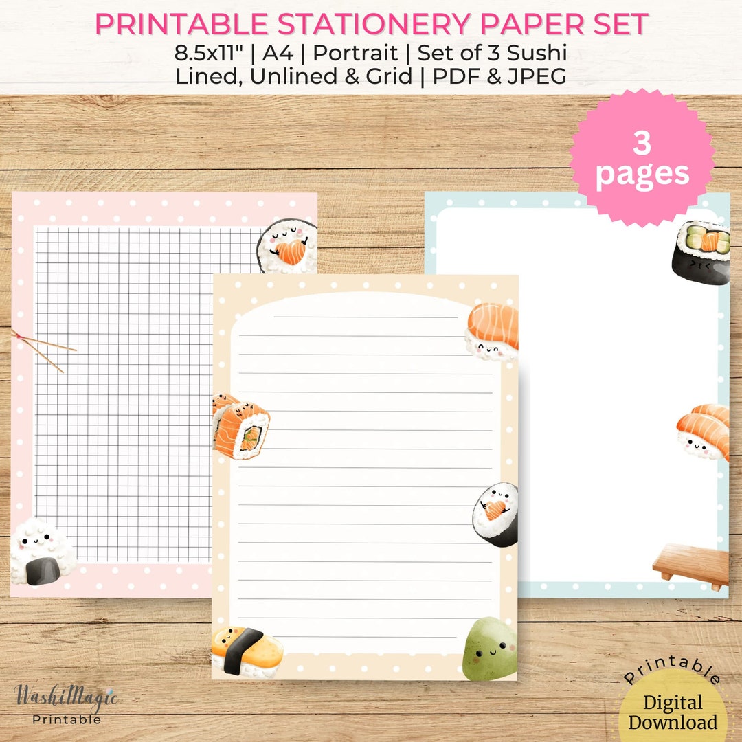 Sushi Stationery Set: Lined, Unlined & Grid Paper Kids Writing Paper ...