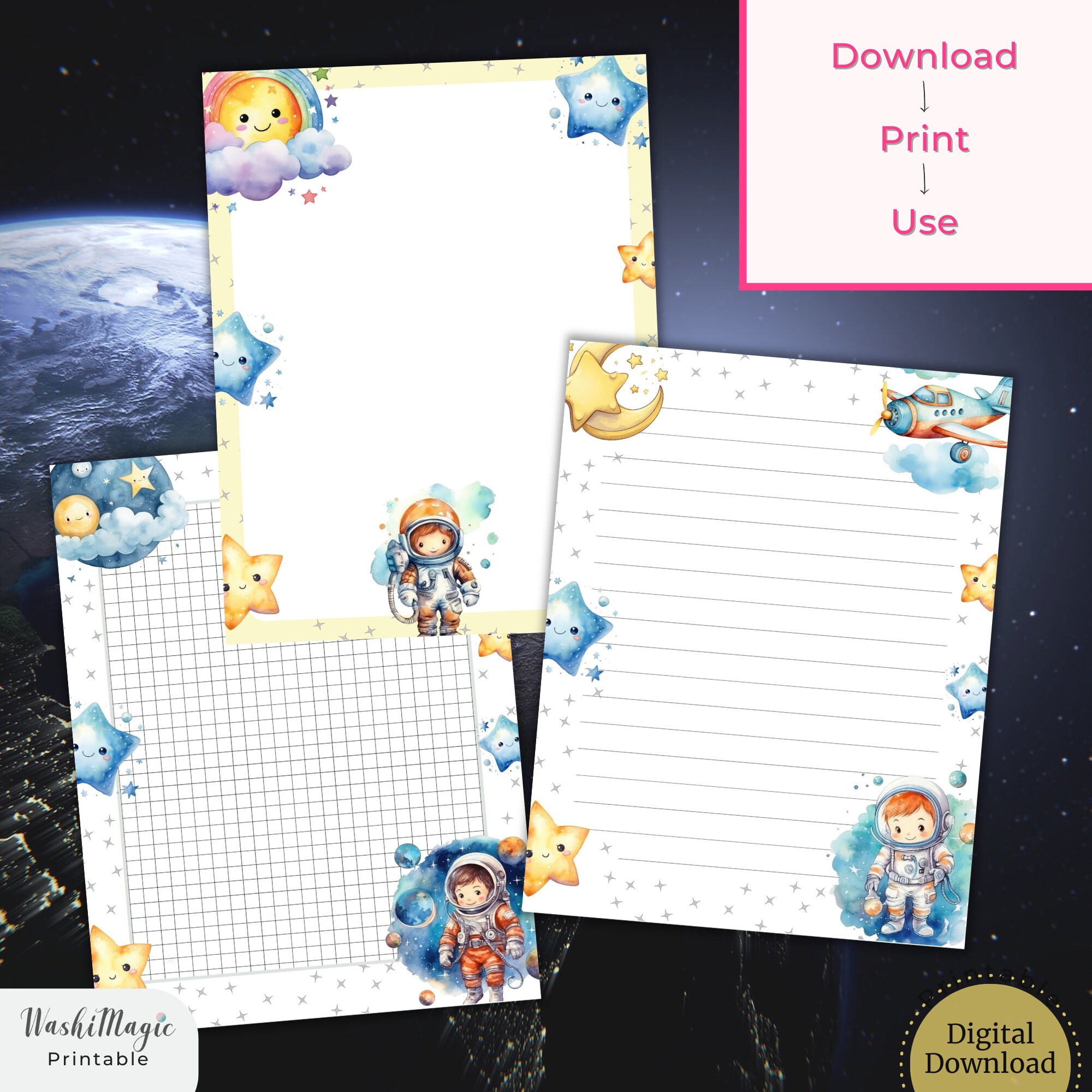 Colorful Space Rocket Ship Notebook Paper Printable, Grid Paper, Kawaii ...