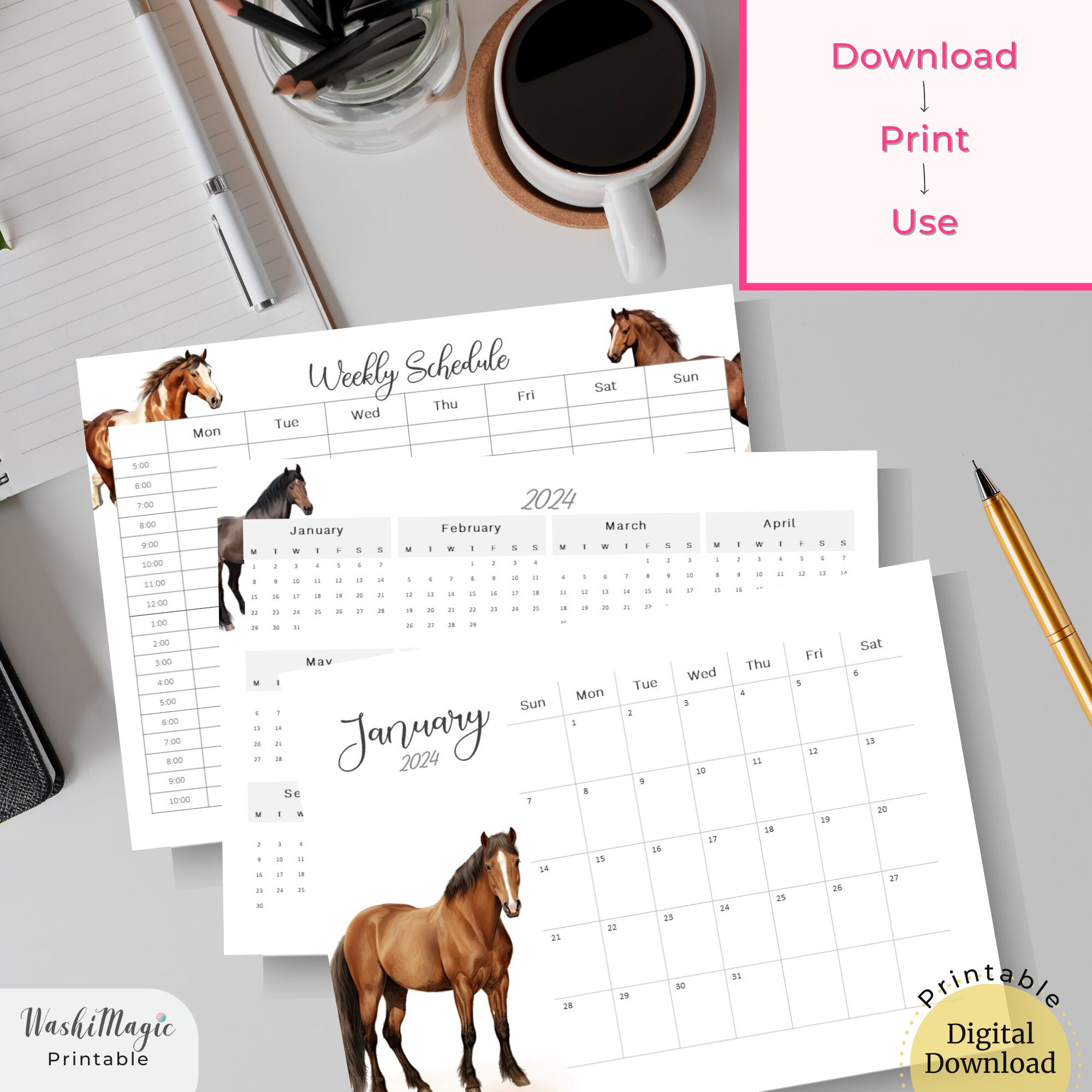 Horse Calendar Printable Landscape 2024 Monthly Planner, Yearly Wall ...