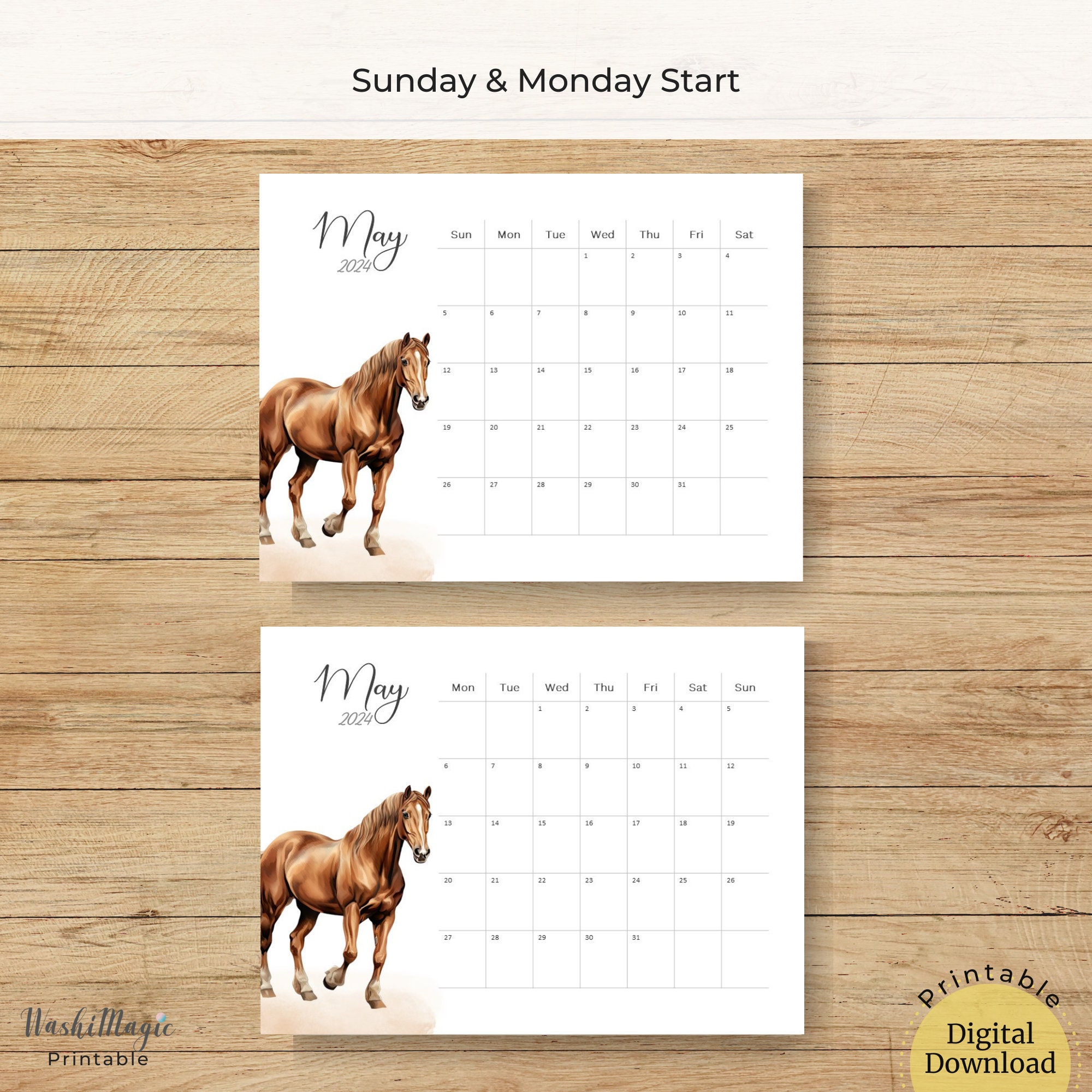 Horse Calendar Printable Landscape 2024 Monthly Planner, Yearly Wall ...