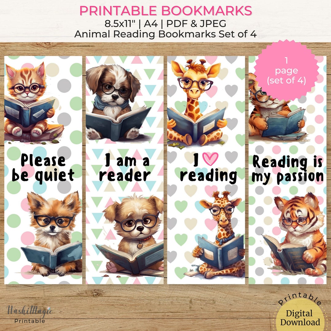 Animal Reading Printable Bookmarks Set of 4 to Spark Reading Joy in ...