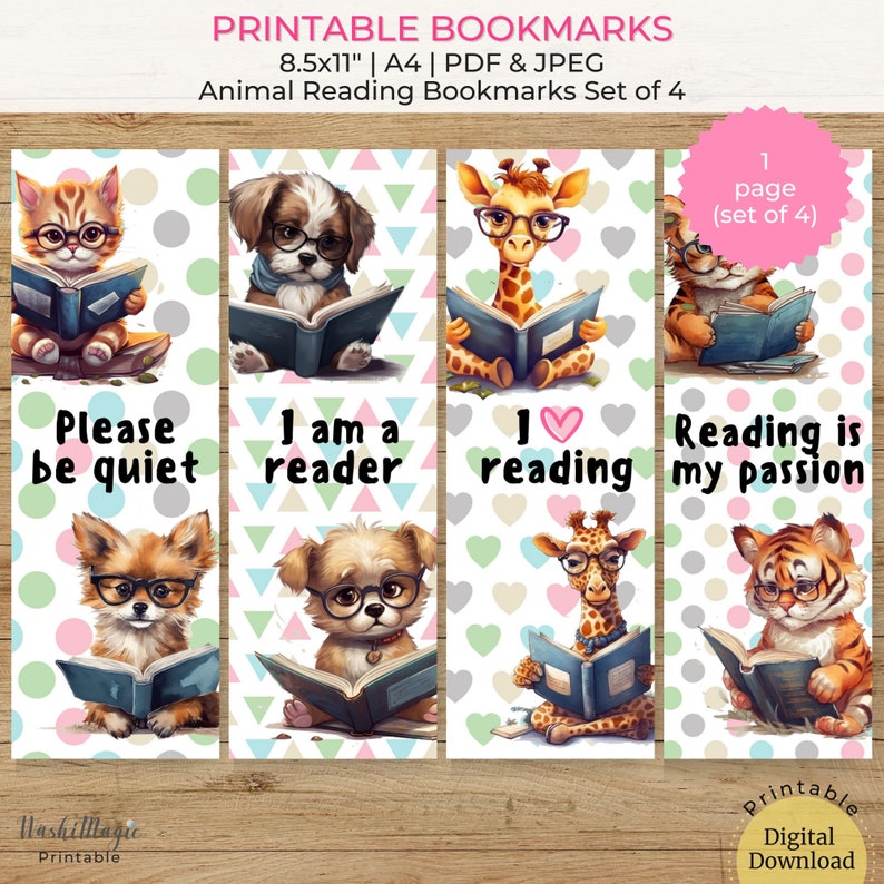 Animal Reading Printable Bookmarks Set of 4 to Spark Reading Joy in ...