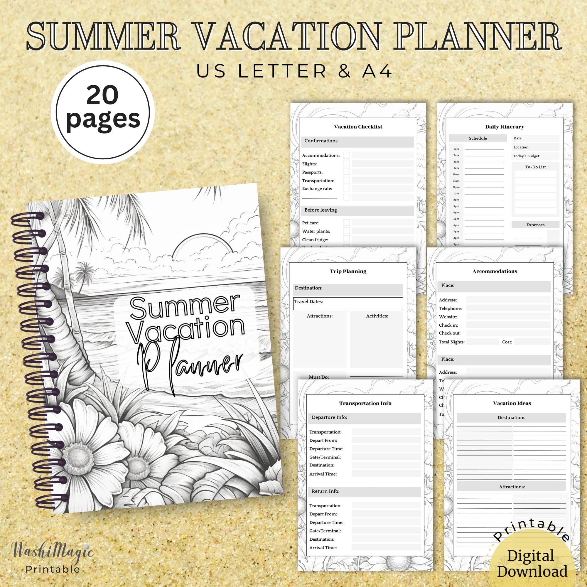 Summer Vacation Planner Black & White Coloring Pages Printable, Bucket ...