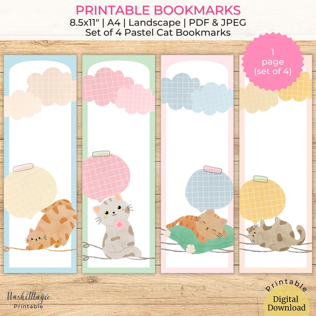 Pastel Cat Bookmark Printable Set of 4 (PDF & JPEG) - Etsy