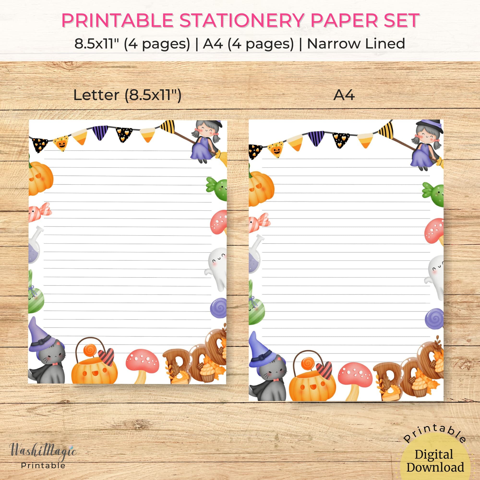 Halloween Mushroom Lined Paper, Printable Stationery Note Paper Set of ...
