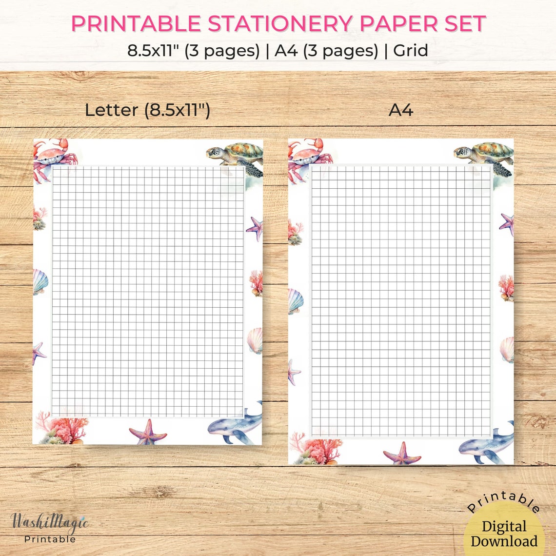Under the Sea Creature Notebook Paper Printable Set of 3, Letter ...