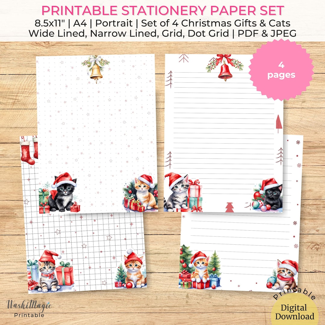 Christmas Gift & Cat Notebook Paper, Letter Writing Paper, Printable ...