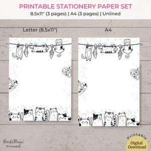 Cute Cats Black & White Coloring Stationery Paper Set Printable to Do ...