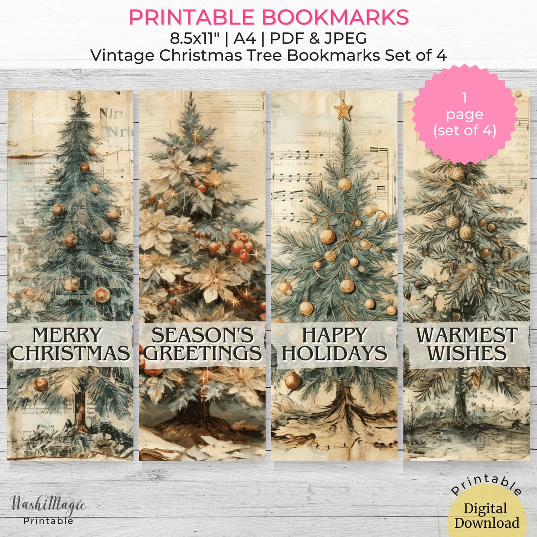 Vintage Christmas Tree Printable Bookmark Set of 4 Winter - Etsy