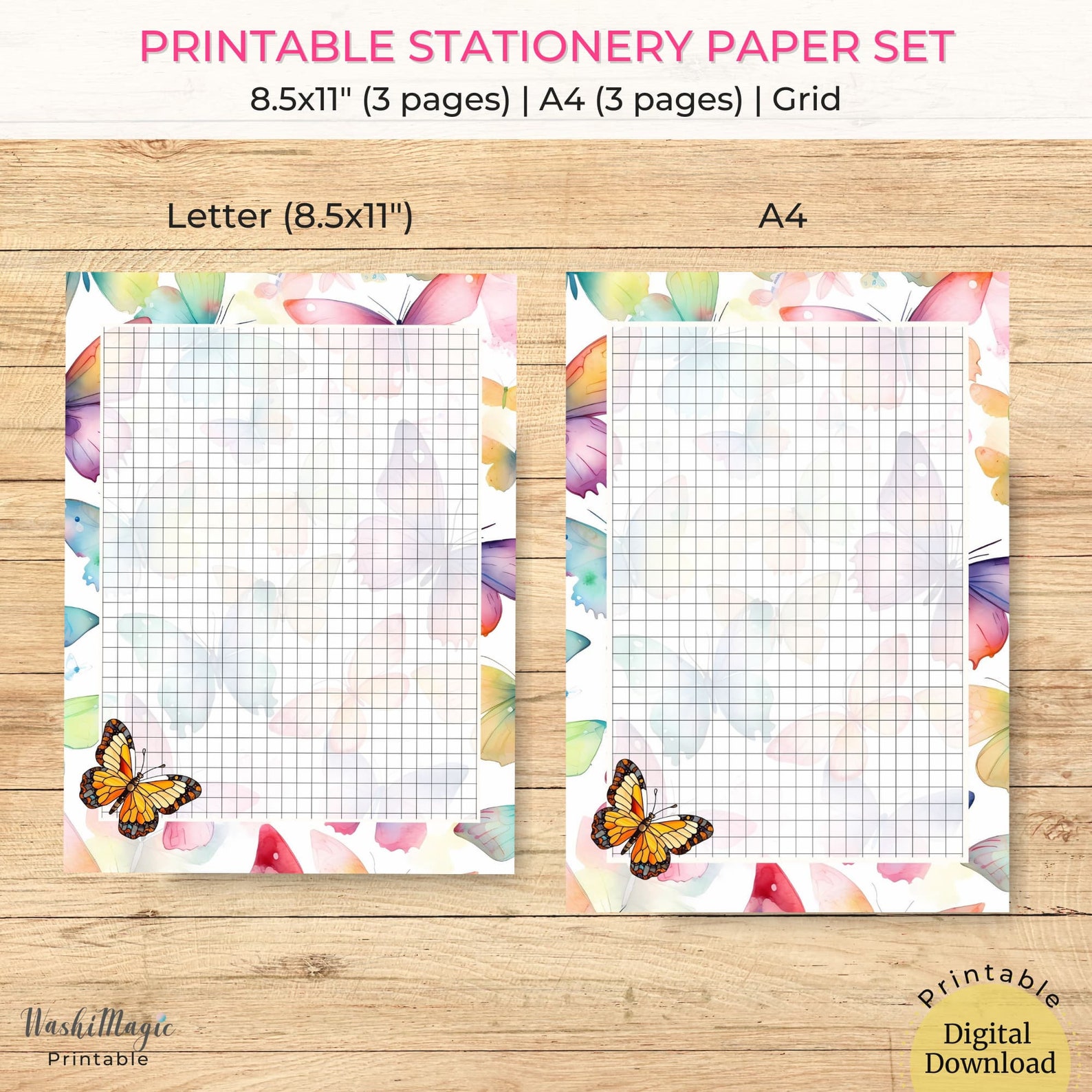 Butterfly-themed Printable Stationery Paper Pack, Lined, Unlined, Grid ...
