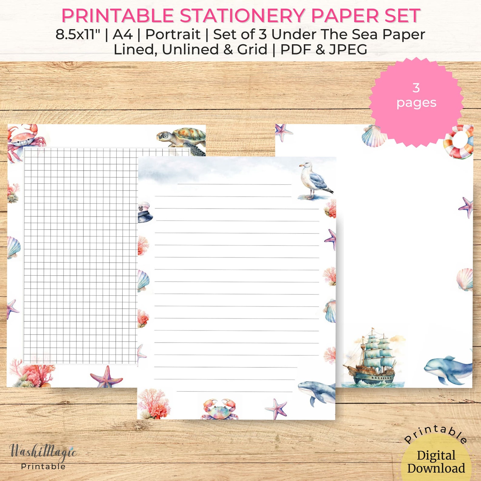 Under the Sea Creature Notebook Paper Printable Set of 3, Letter ...