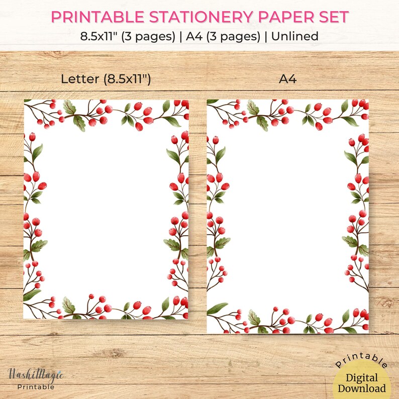 Red Berries Printable Paper Set of 3 Unique Berries Design Stationery ...