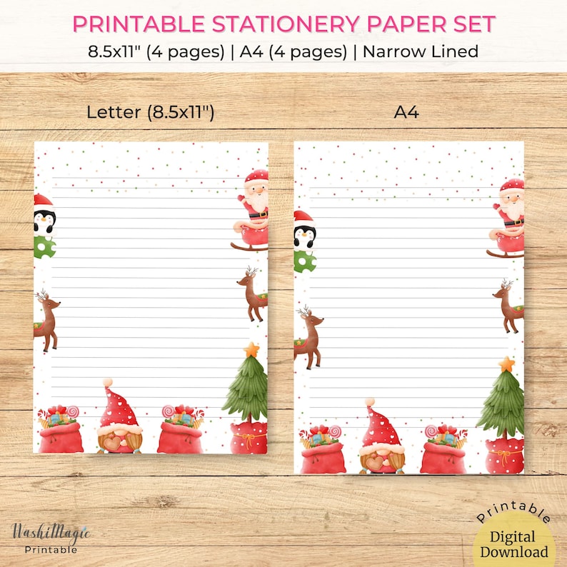 Christmas Santa Notebook Paper, Printable Christmas Stationary Set of 4 ...