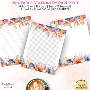 Printable Seashell Stationery Paper Set, Grid Paper, Lined Paper ...