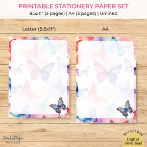 Butterfly-themed Printable Stationery Paper Pack, Lined, Unlined, Grid ...