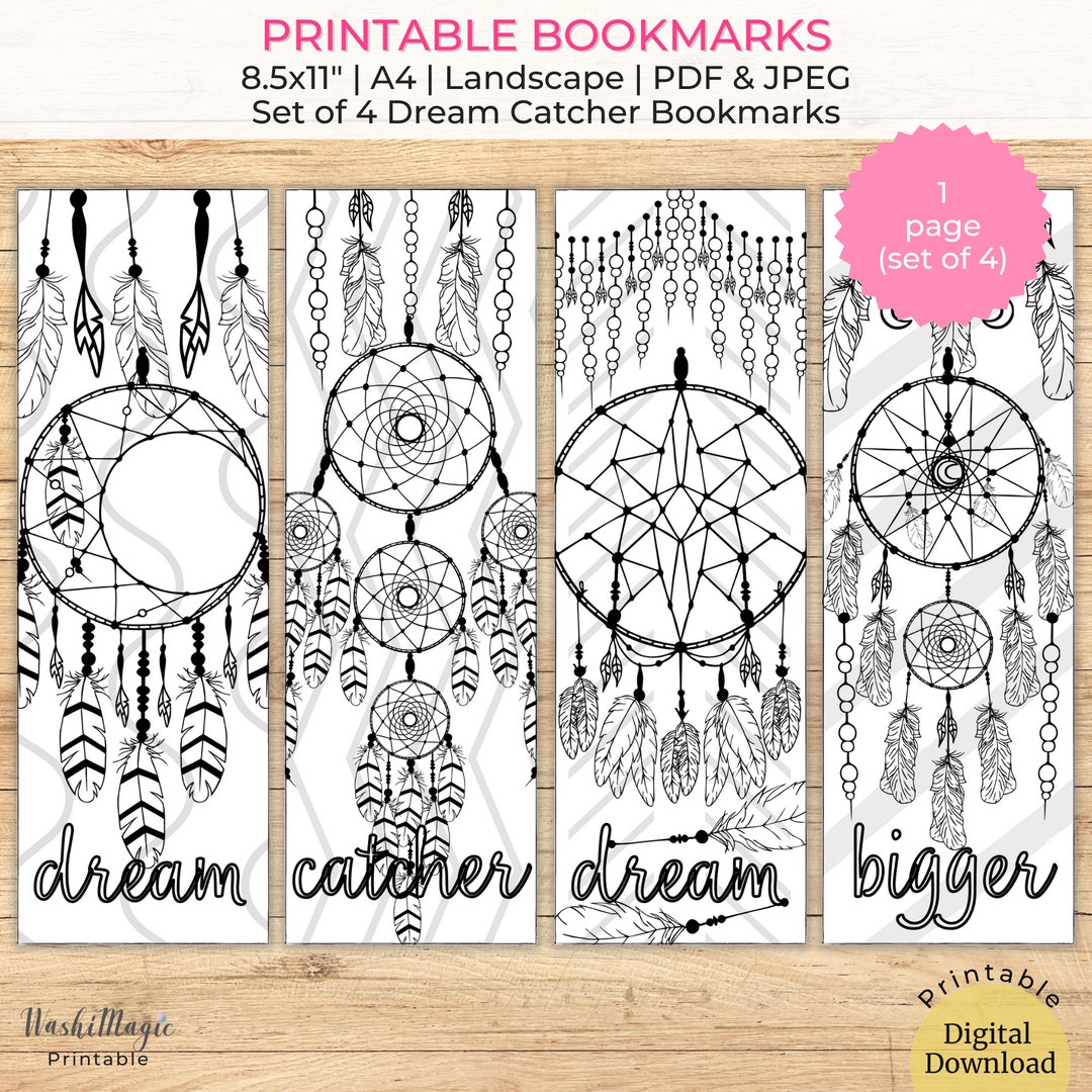 Dream Catcher Bookmark Printable, Set of 4, Bookmark to Color, Coloring ...