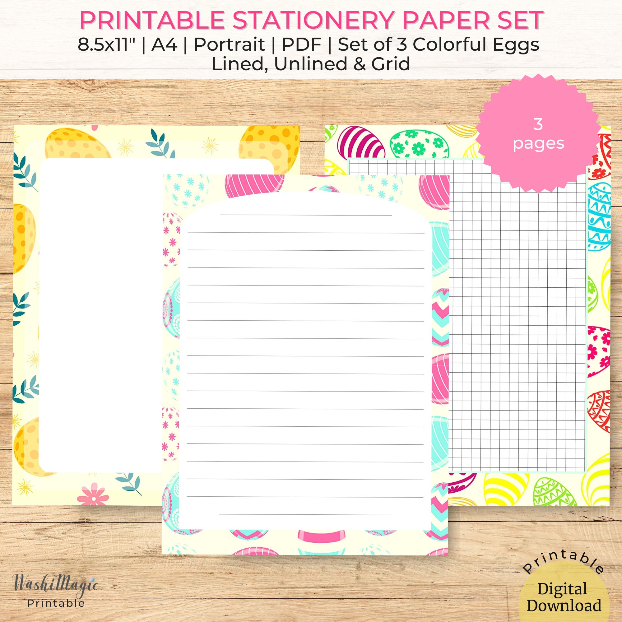 Colorful Easter Eggs Printable Stationery Paper, Lined Unlined Grid ...