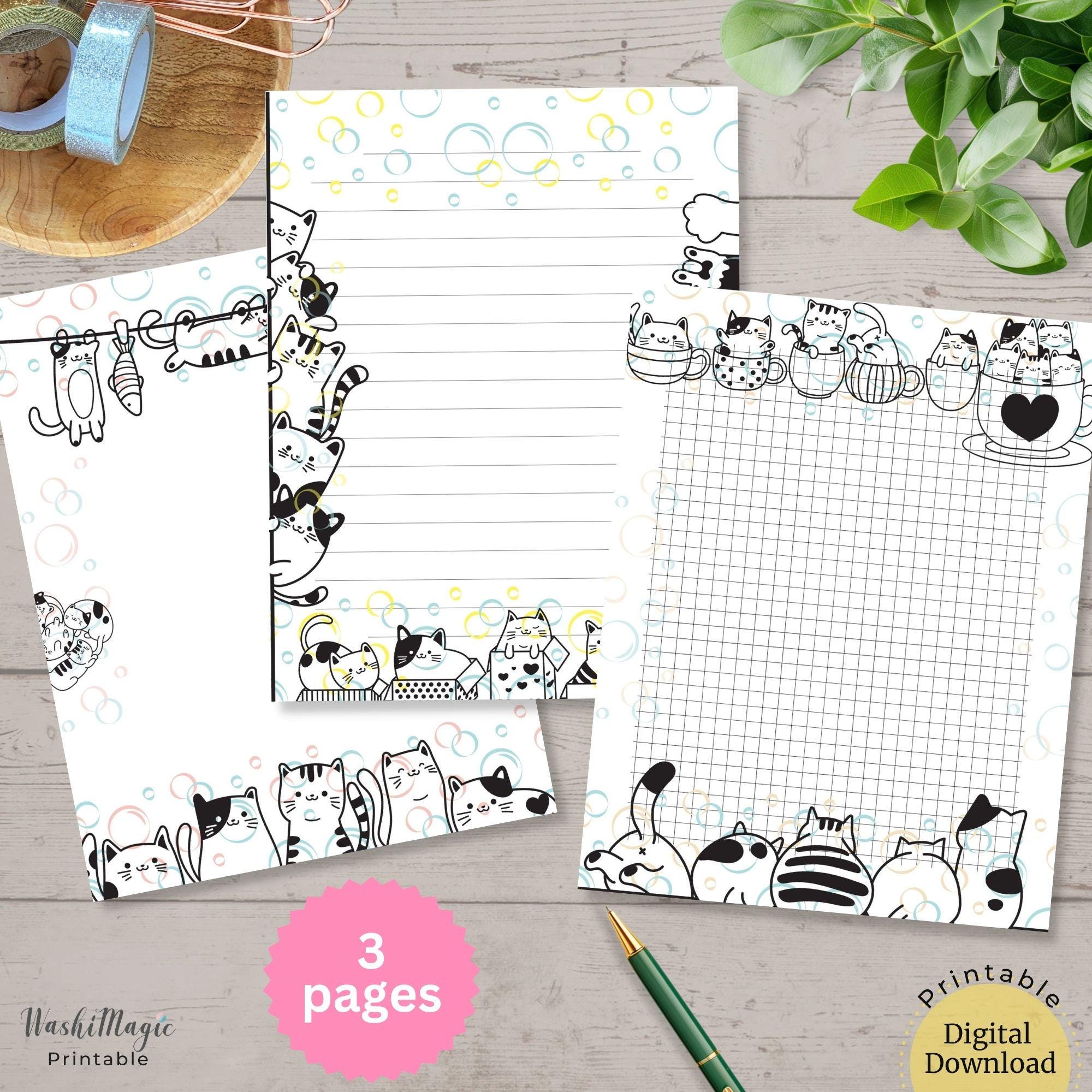 Cute Cats Black & White Coloring Stationery Paper Set Printable to Do ...