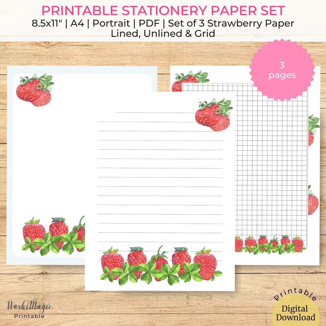 Printable Stationery Paper Set Strawberry Lined Unlined Grid - Etsy