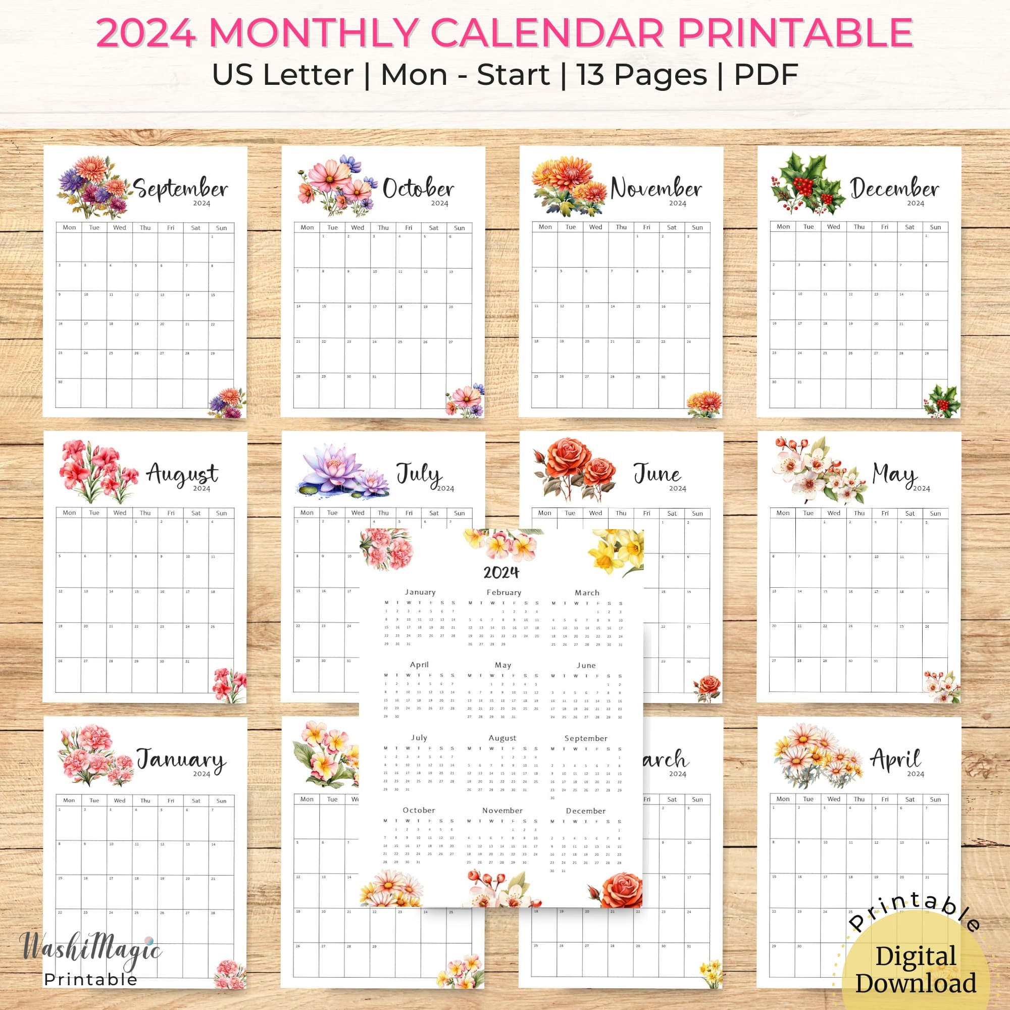 Birth Flower Calendar Printable, 2024 Planner to Do List Monthly ...