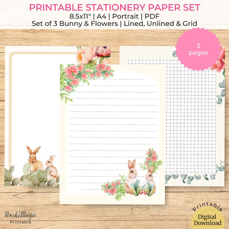 Bunny & Flowers Printable Stationery Paper Set, Lined Unlined Grid ...