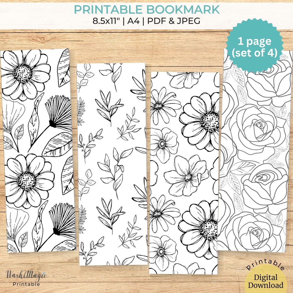 Printable Bookmarks Set of 4 Black & White Coloring Floral Leaves ...