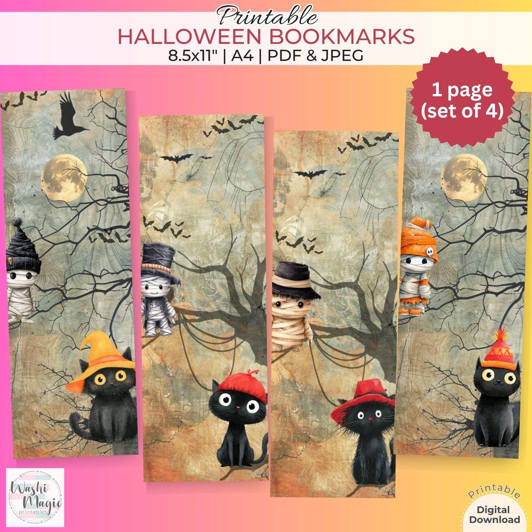 Halloween Black Cat Bookmarks Printable Set of 4: Halloween Bookmark ...
