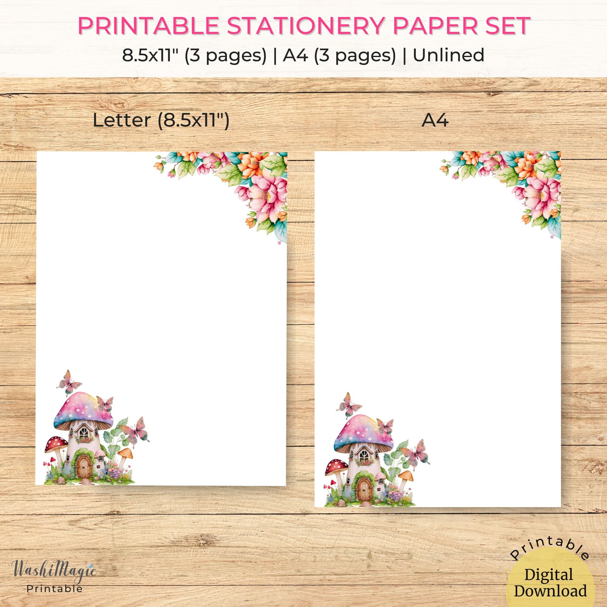 Cute Mushroom Lined Paper, Printable Stationery Paper Set of 3, Lined ...