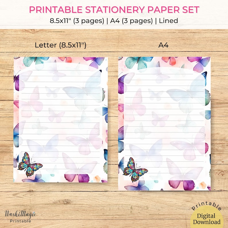 Butterfly-themed Printable Stationery Paper Pack, Lined, Unlined, Grid ...