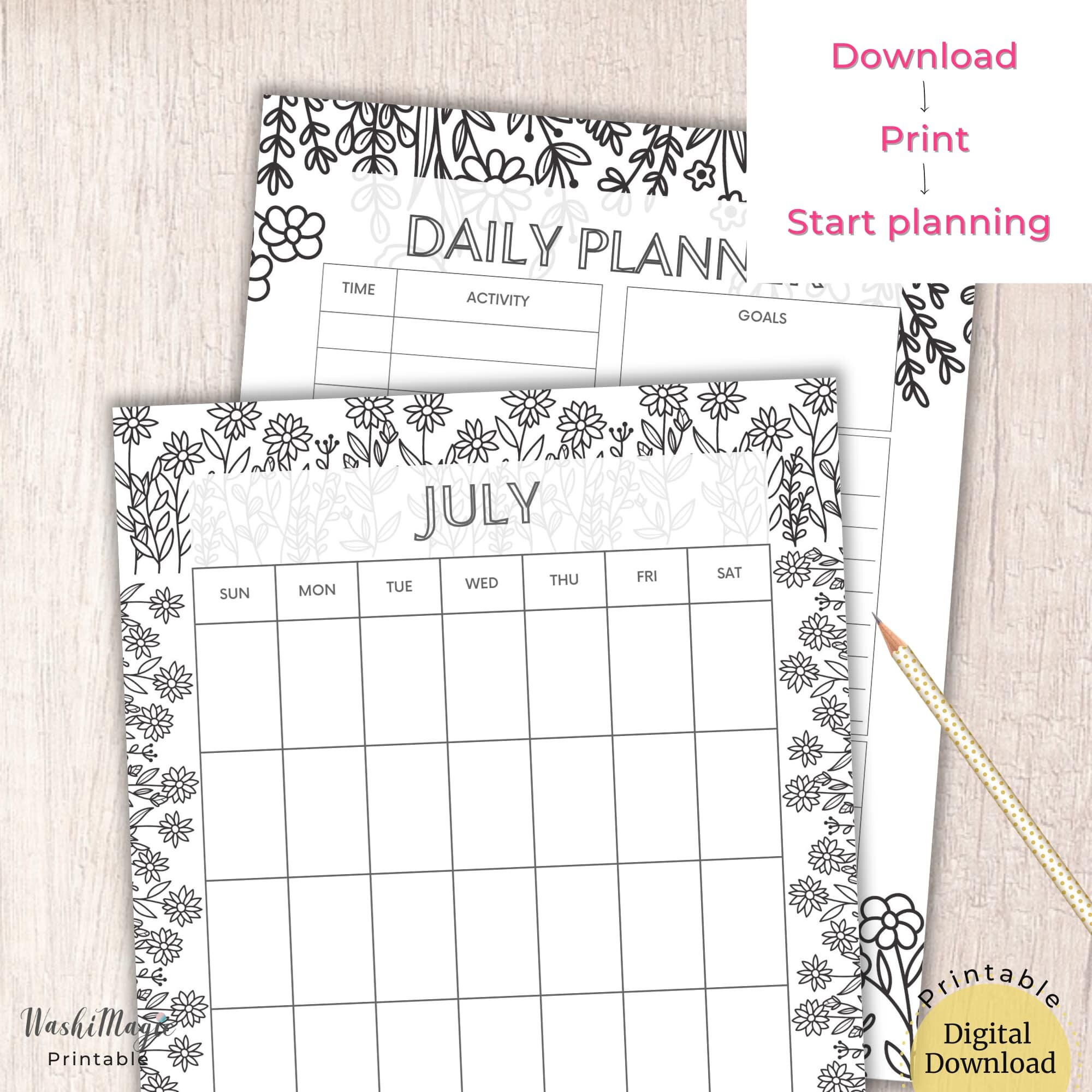 Productivity Planner Coloring Wildflowers, Printable Planner, Weekly ...