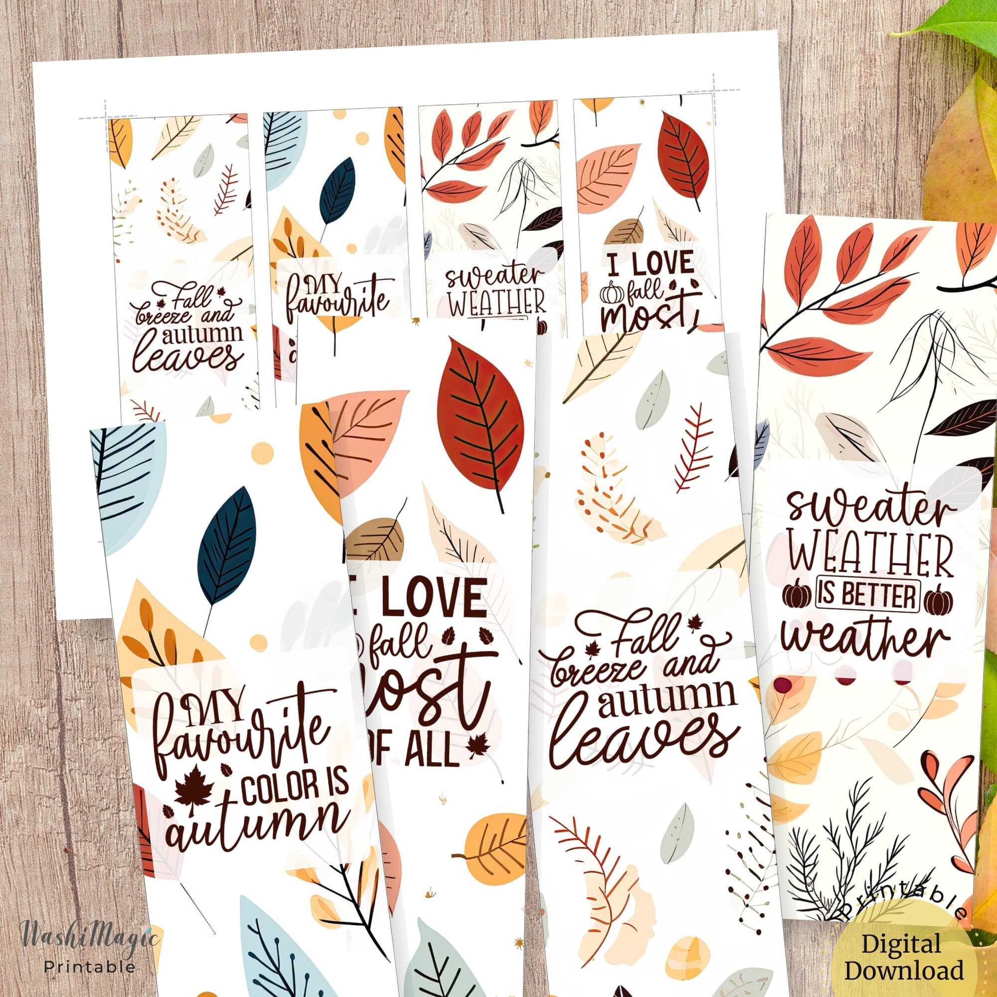 Printable Bookmarks Set of 4 Fall Leaves White Bookmark Cozy - Etsy