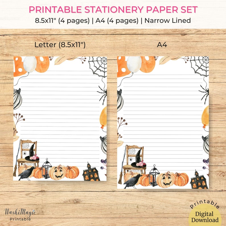 Halloween Pumpkin Balloon Stationery Set of 4 Printable, Wide & Narrow ...