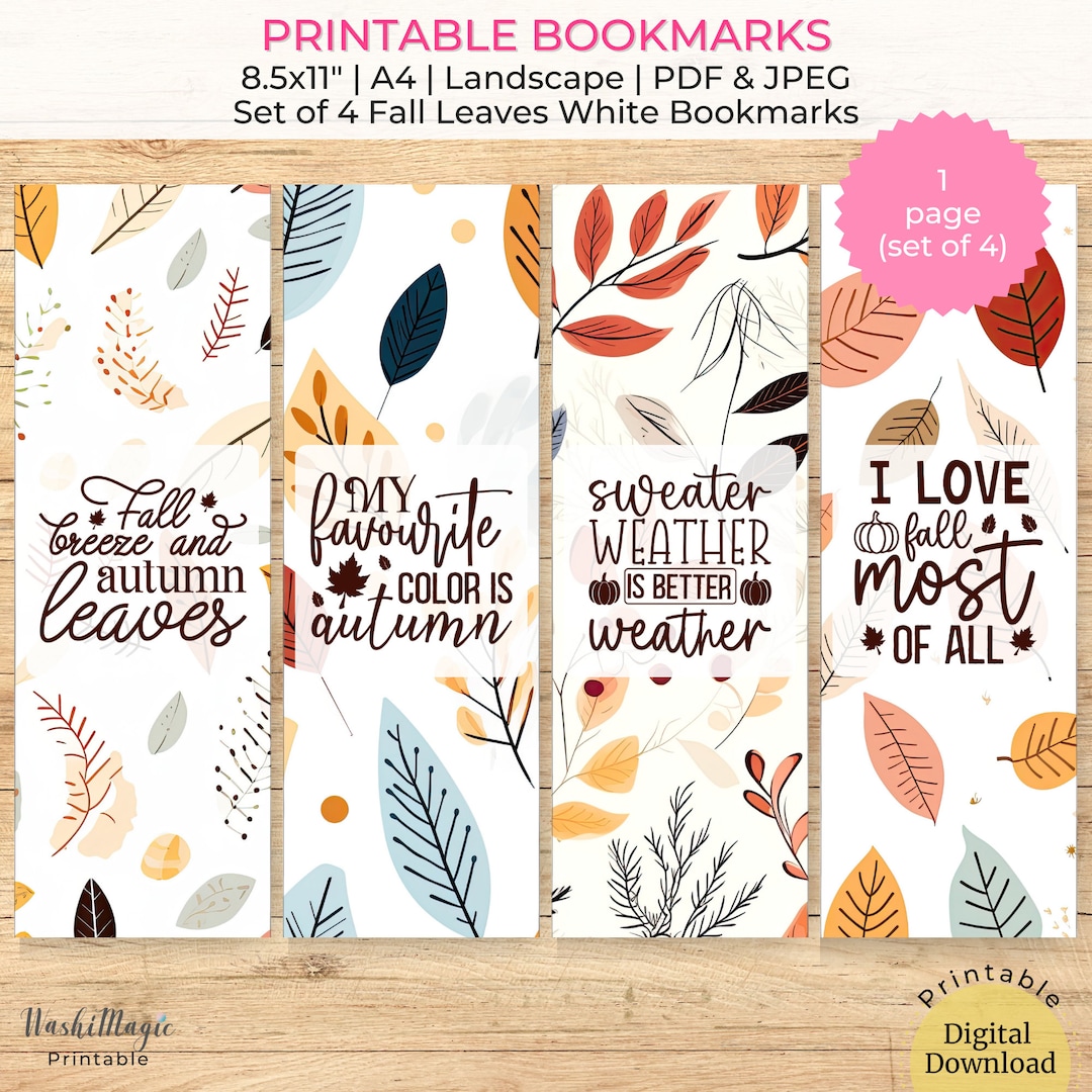 Printable Bookmarks Set of 4 Fall Leaves White Bookmark Cozy - Etsy