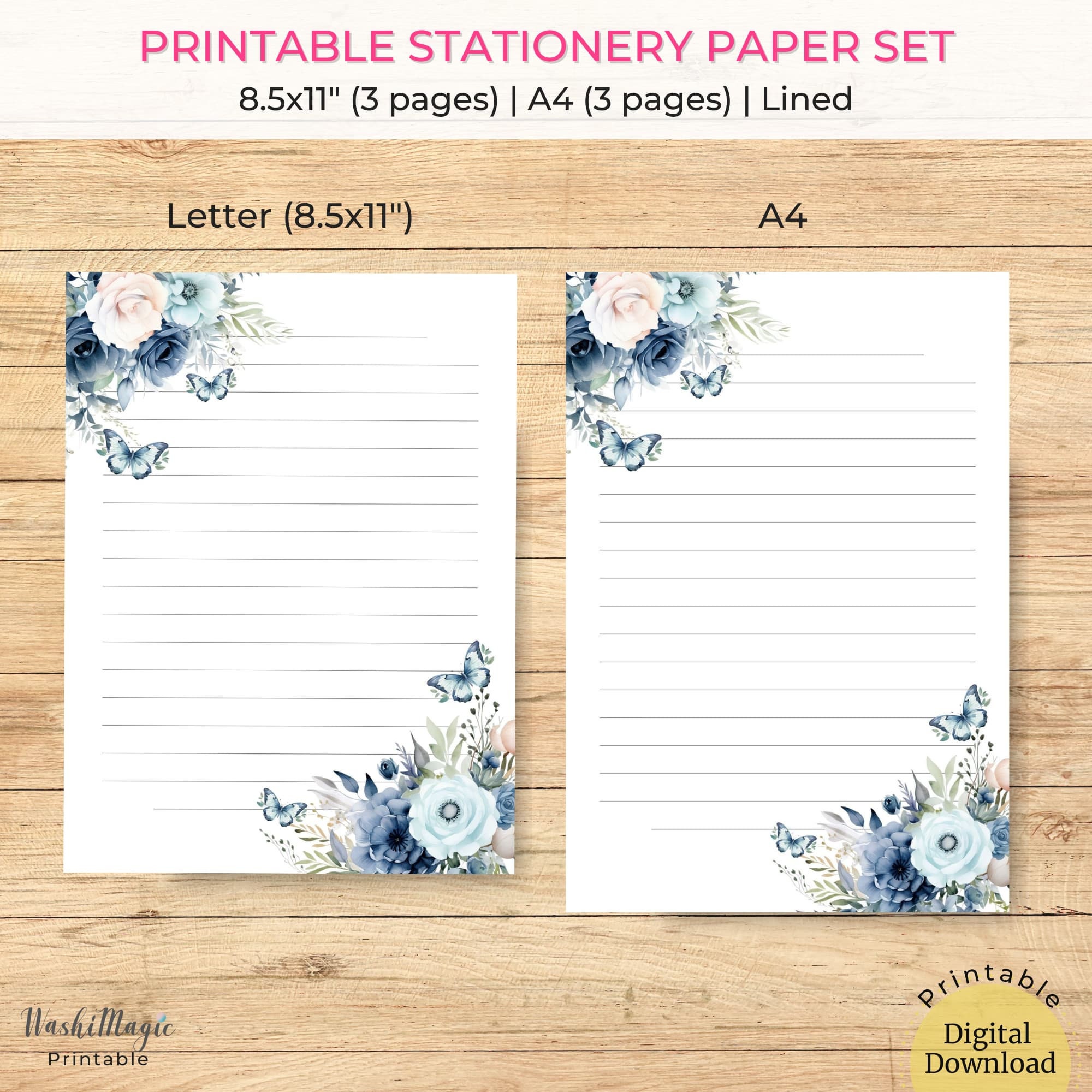 Indigo Flower & Butterfly Printable Notebook Pack, Letter Writing Paper ...