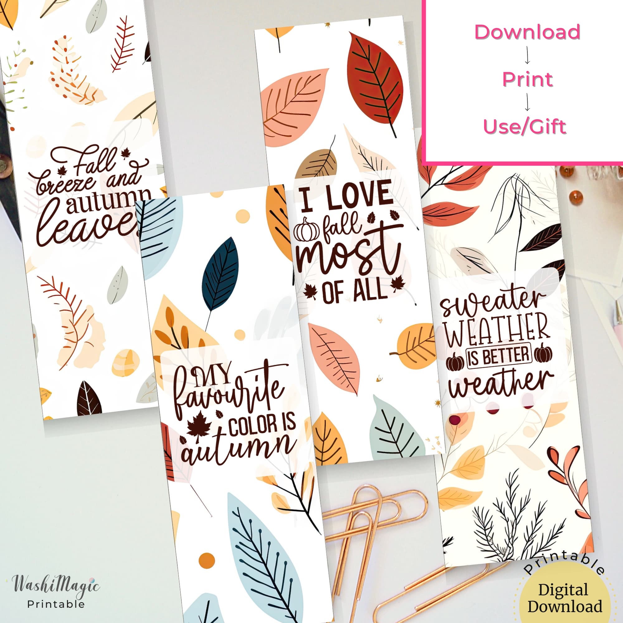 Printable Bookmarks Set of 4 Fall Leaves White Bookmark Cozy - Etsy