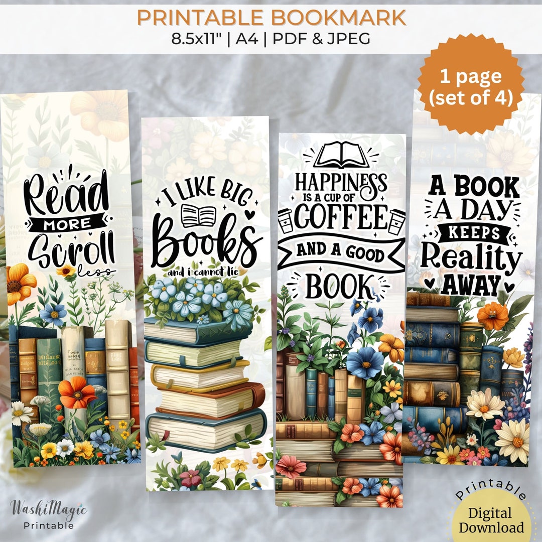 Unique DIY Bookmark Printable Set Books and Floral Designs, Floral ...