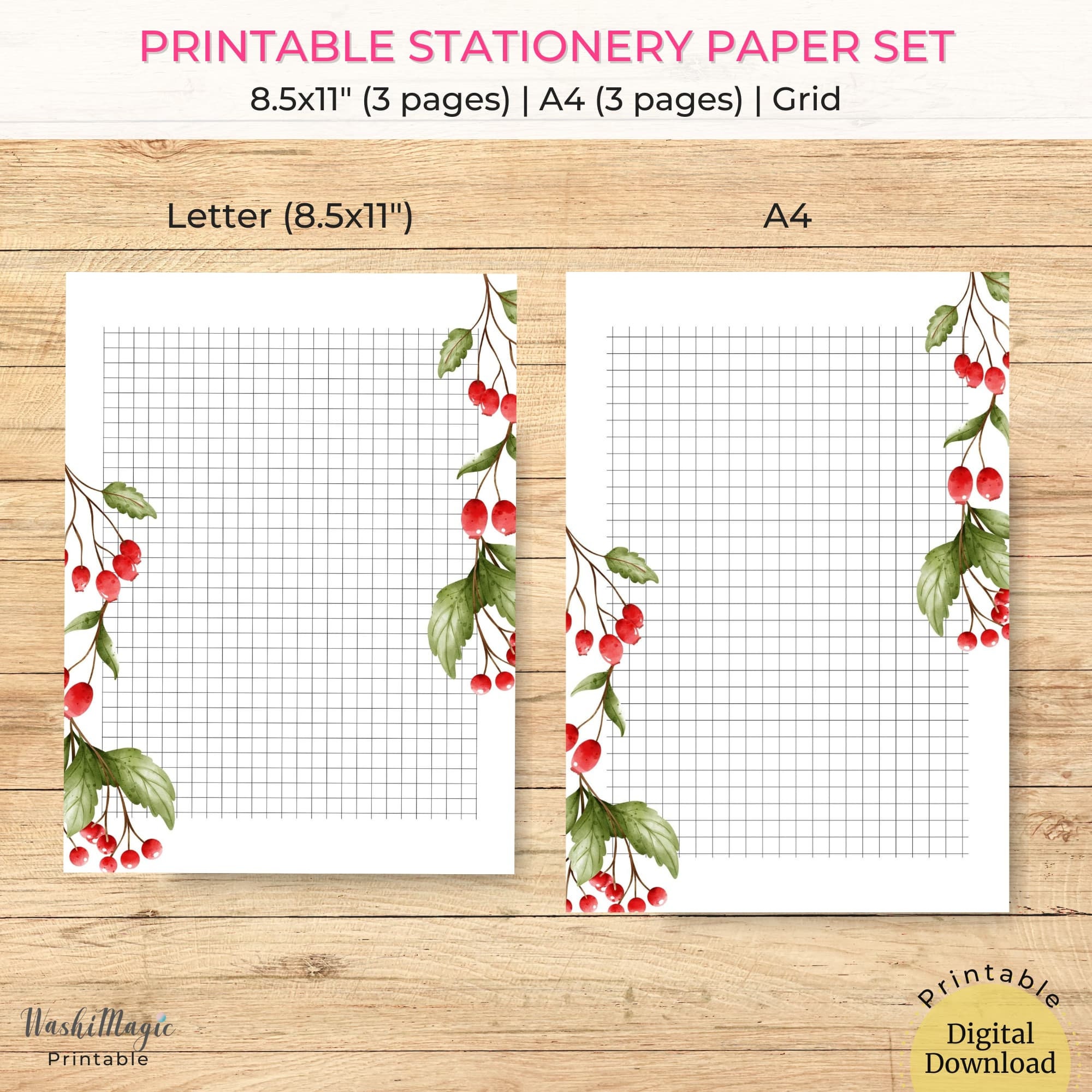 Red Berries Printable Paper Set of 3 Unique Berries Design Stationery ...