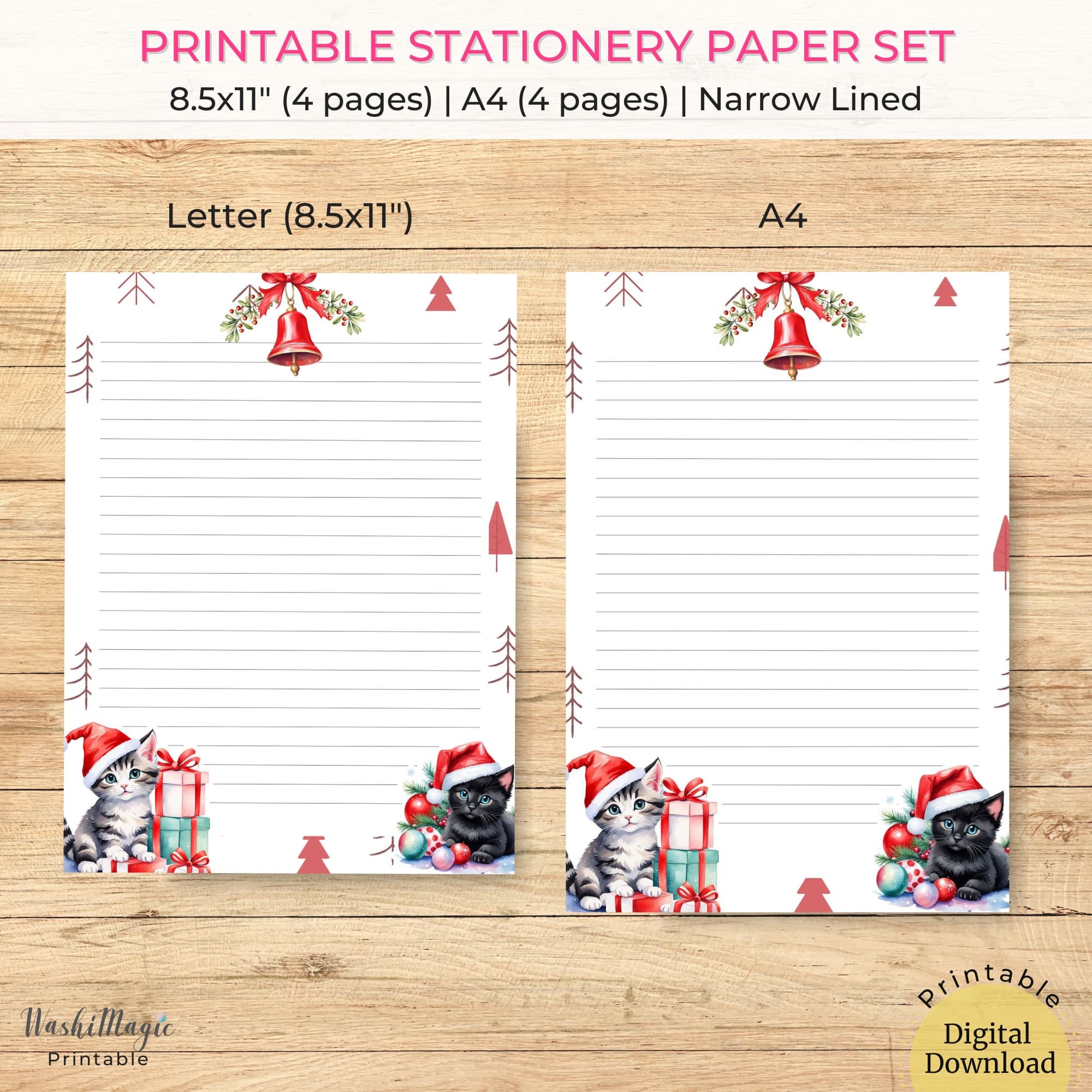 Christmas Gift & Cat Notebook Paper, Letter Writing Paper, Printable ...