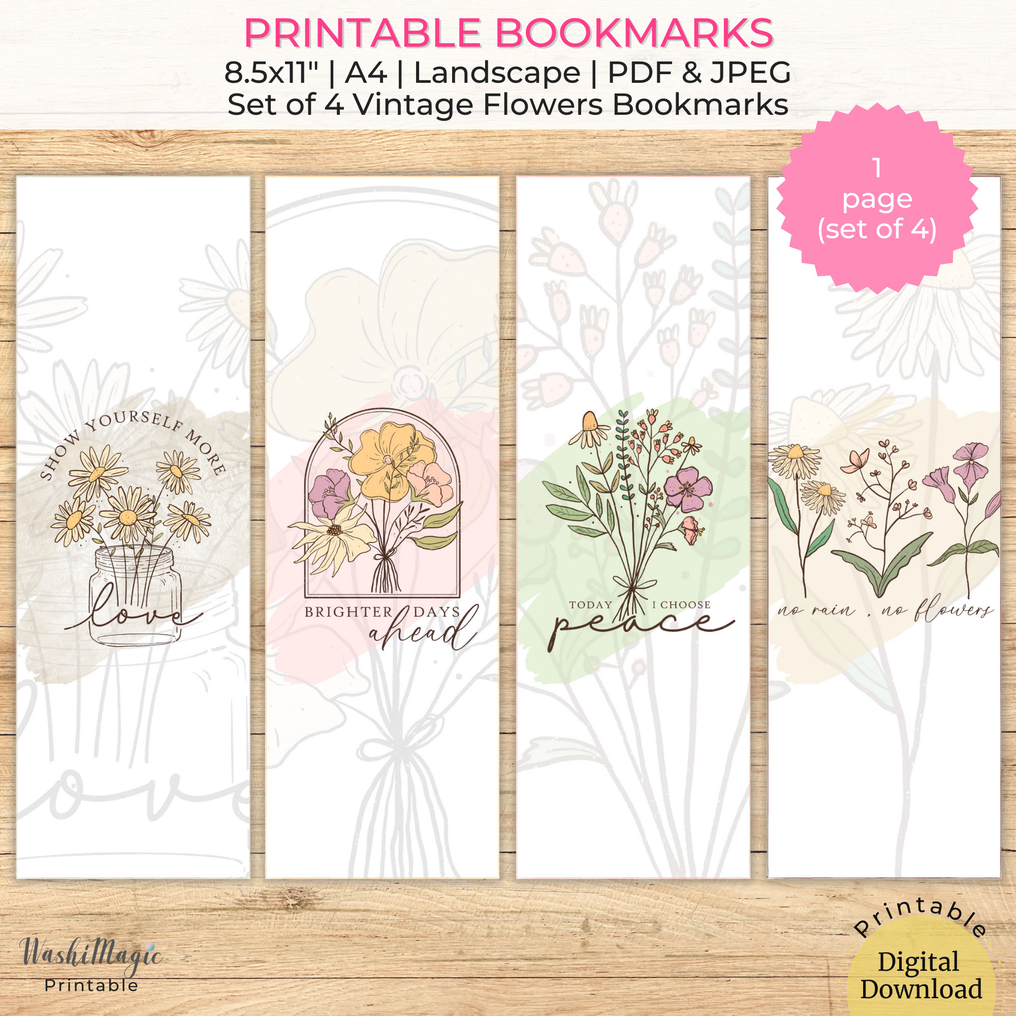 Vintage Flower Bookmarks Printable Set of 4 | Pastel Printables ...