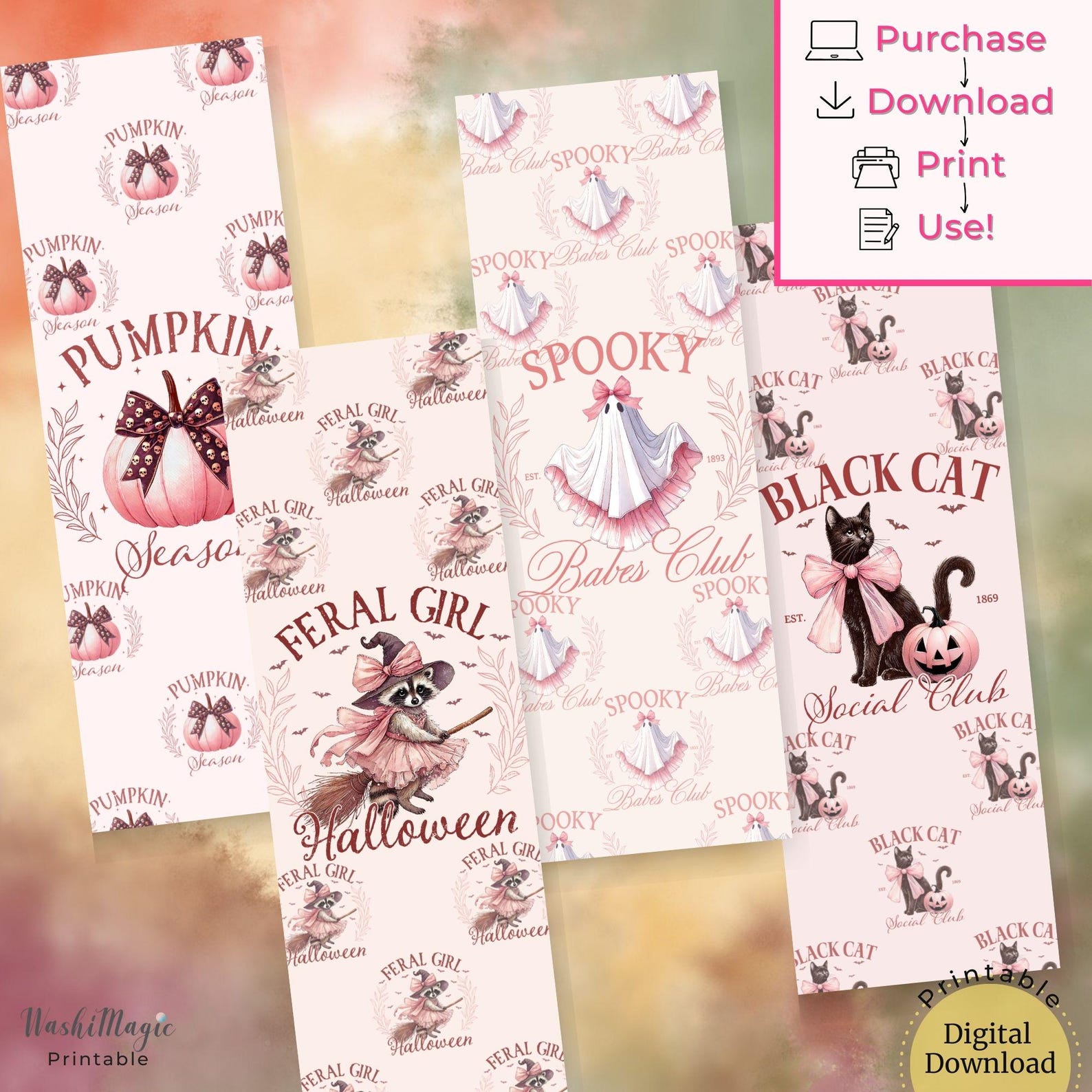 Pastel Pink Halloween Bookmarks Set Printable, Cute Spooky Halloween ...