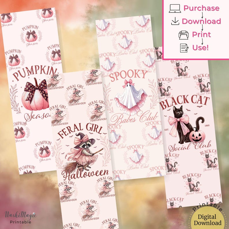 Pastel Pink Halloween Bookmarks Set Printable, Cute Spooky Halloween ...