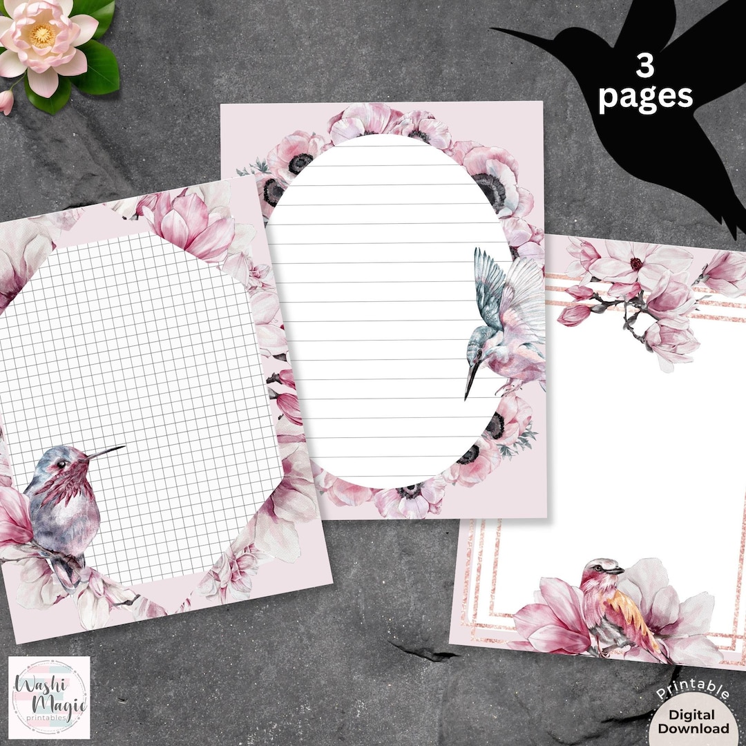 Birds Pink Floral Printable Stationery: Lined, Unlined, Grid Writing ...