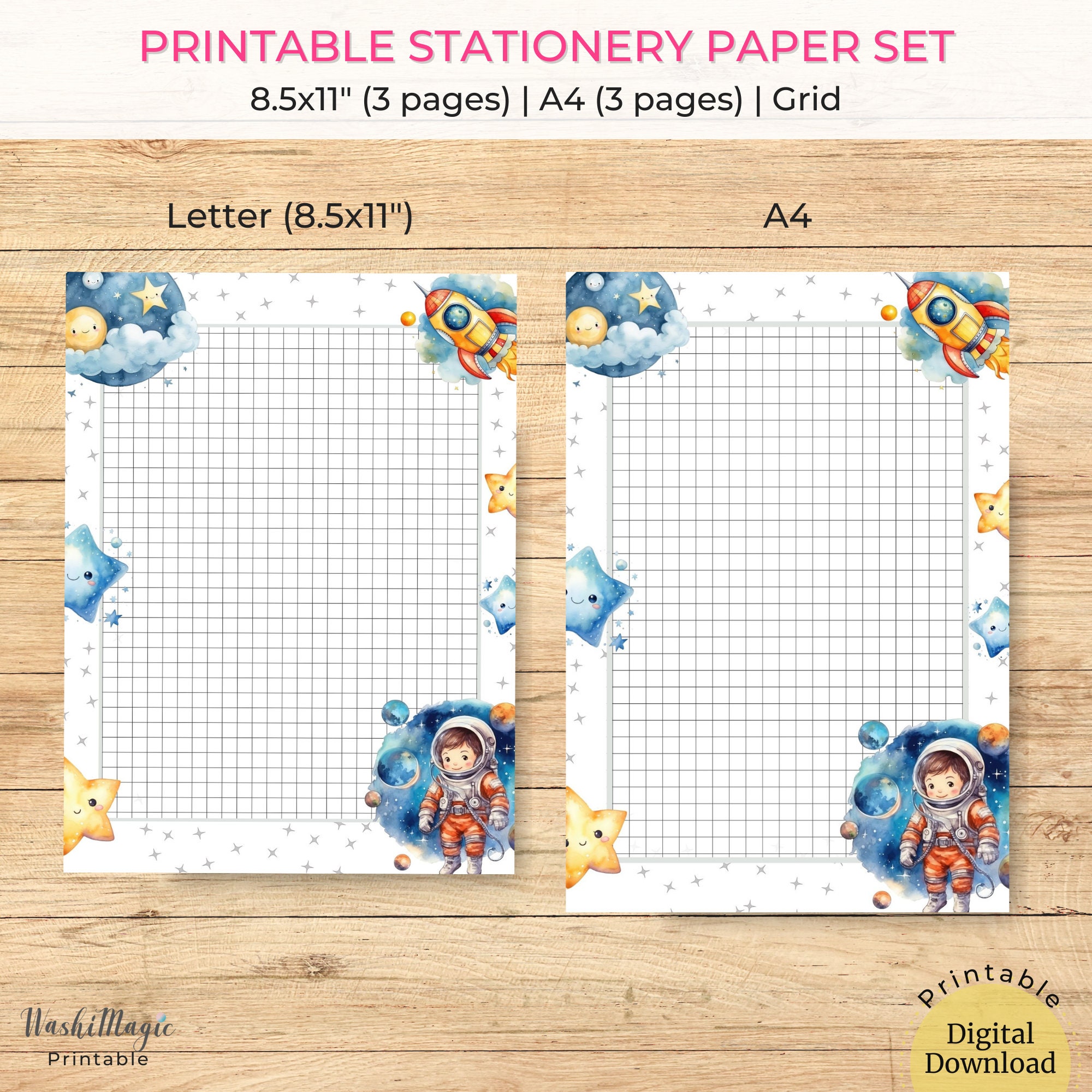 Colorful Space Rocket Ship Notebook Paper Printable, Grid Paper, Kawaii ...