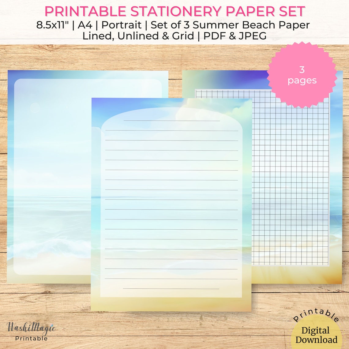 Summer Beach Printable Stationery Paper Set Lined Paper - Etsy
